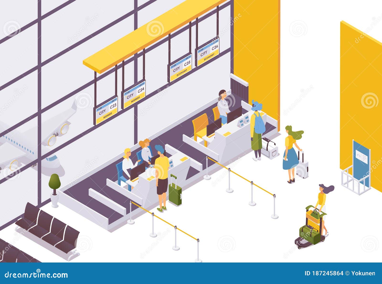 Isometric Airport Check-in Service Counter with Passengers and Agent ...