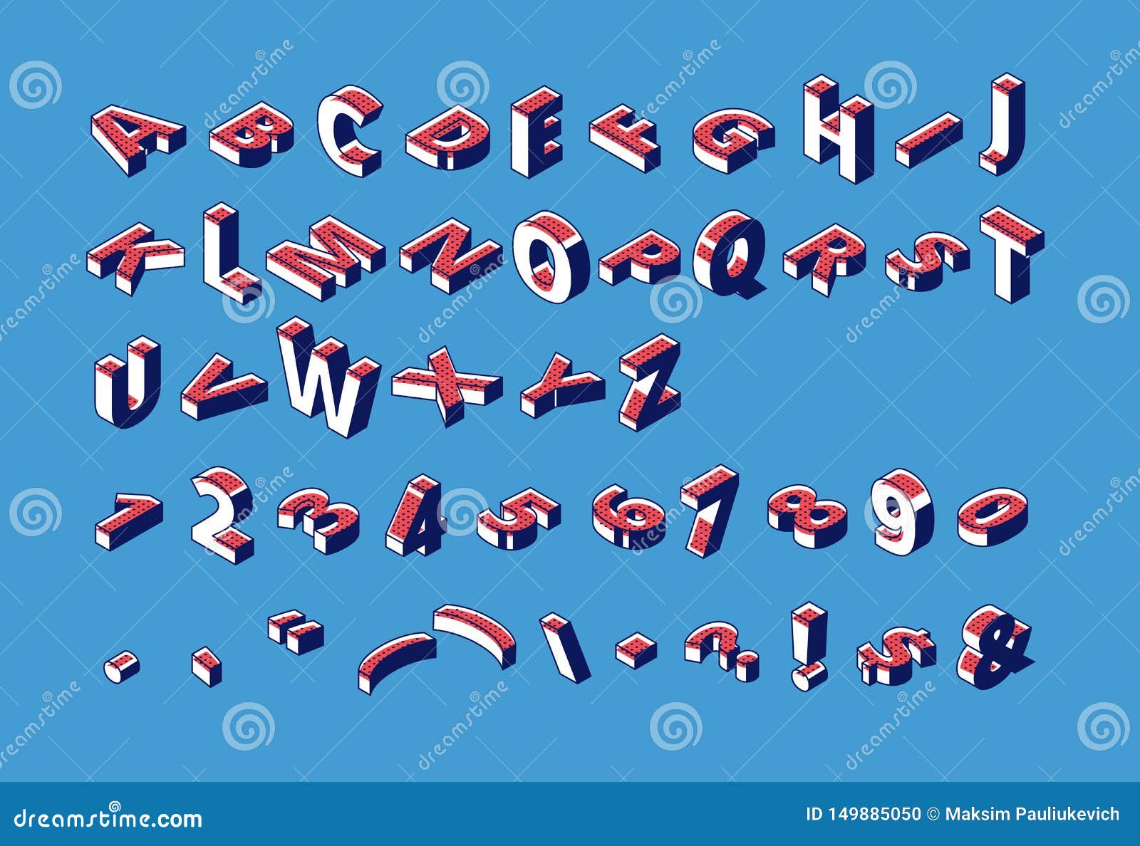 Isometric Alphabet Numbers And Punctuation Abc Stock Vector