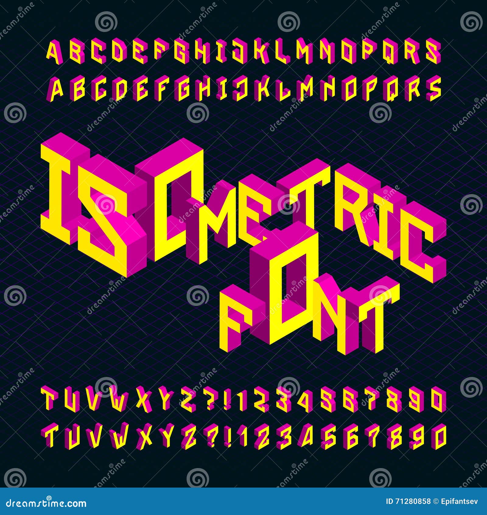 Isometric Alphabet Vector Font 3d Bright Letters And Numbers On A Dark