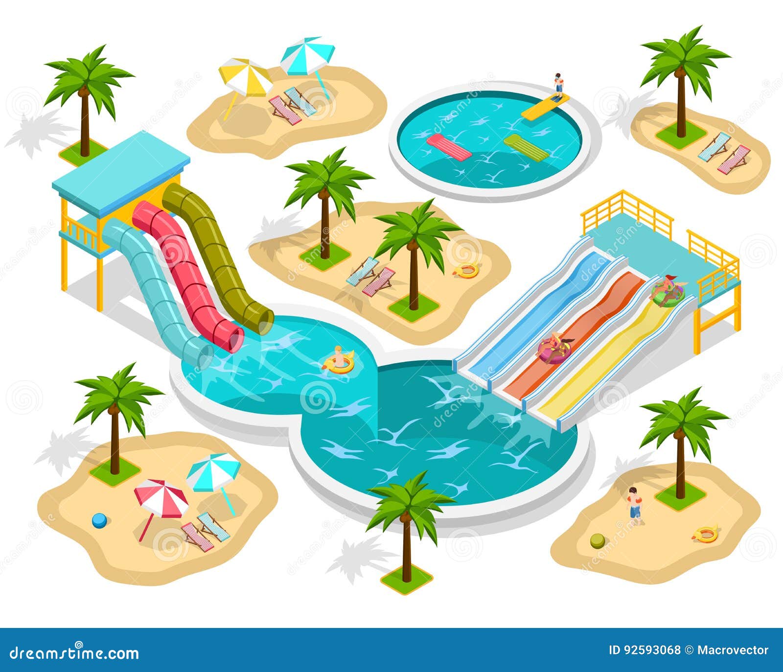 Aqua Park Cartoon Posters Kids Playing In Aquapark Vector Illustration ...