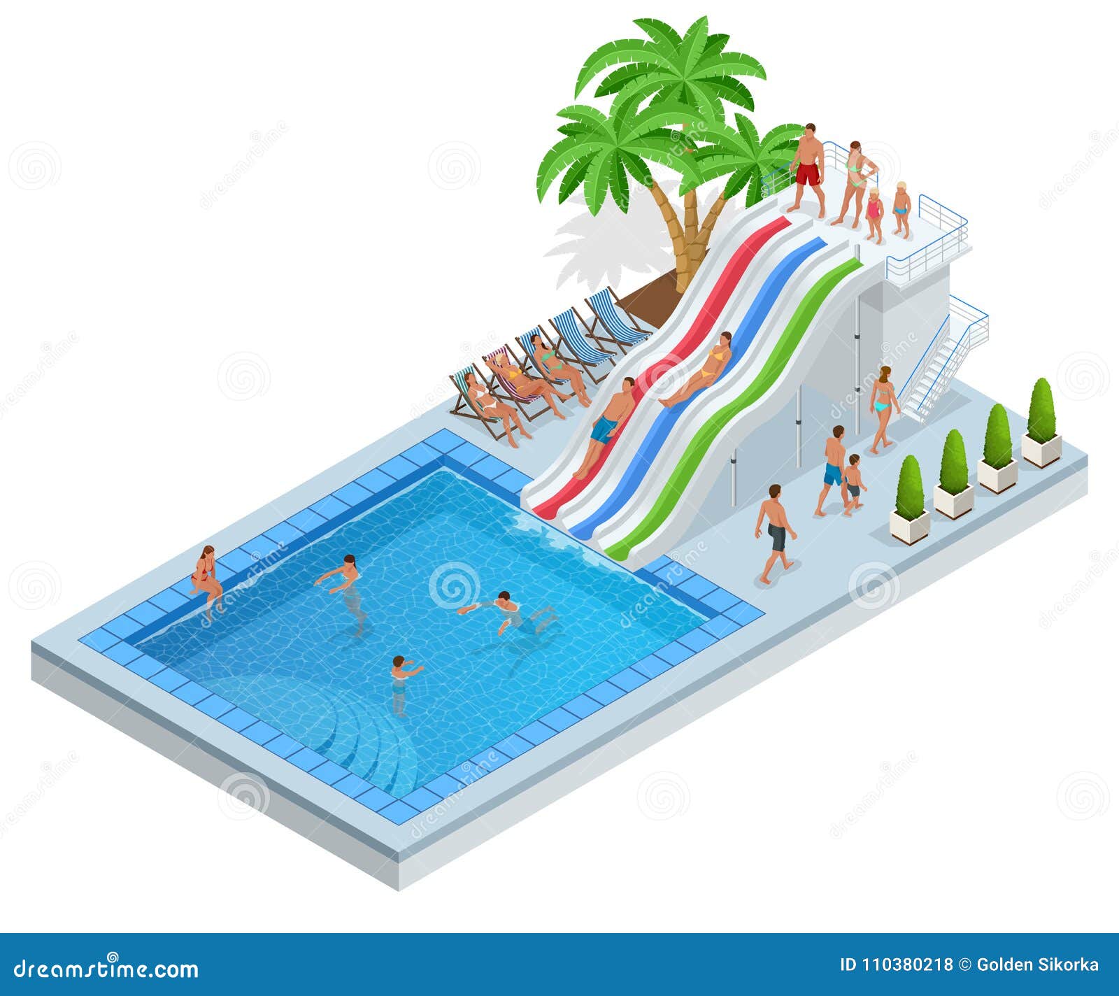 Isometric Aqua Park With Water Slides Water Pool People Or Visitors