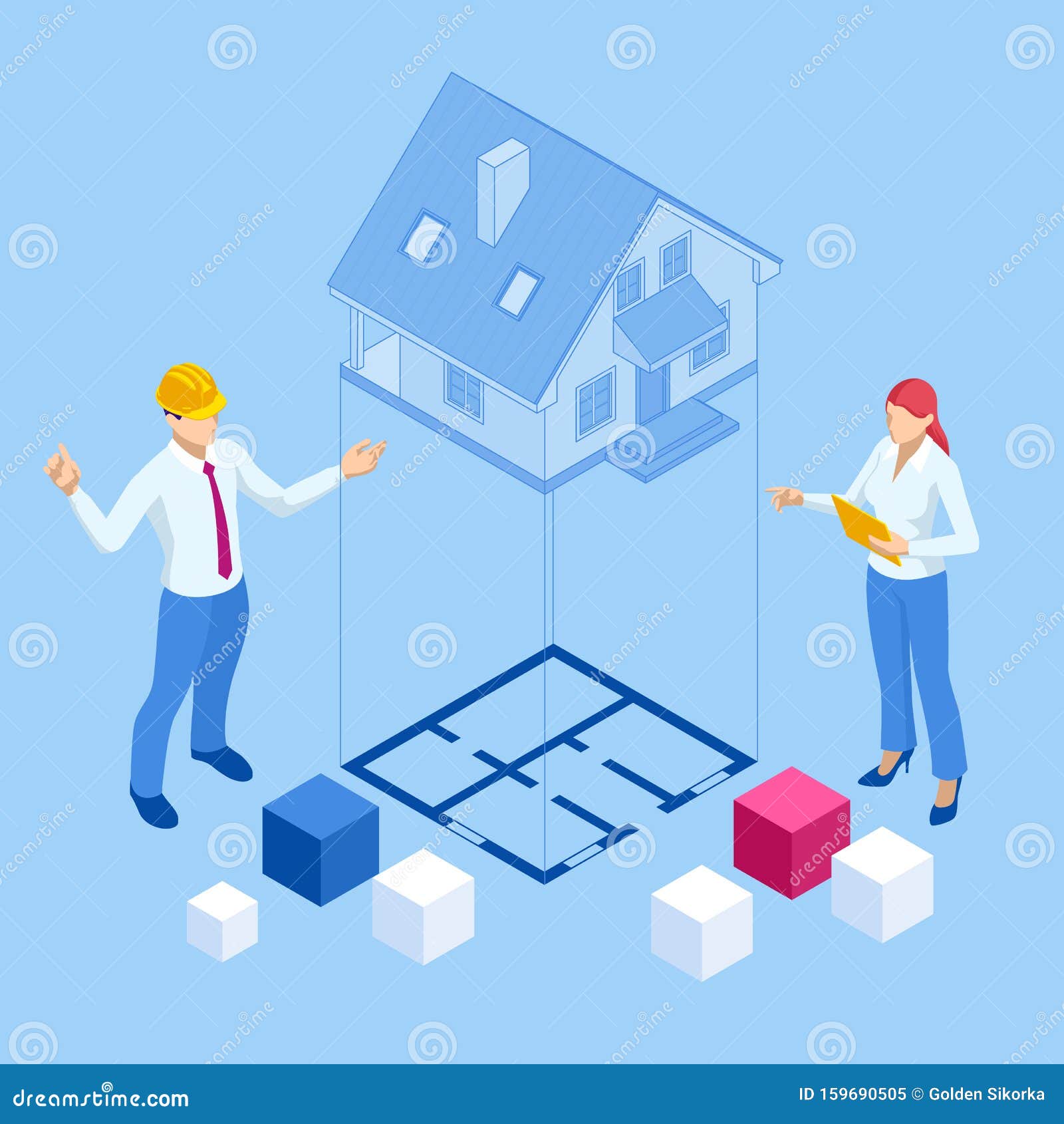 Isometric Architect Builders Studying Layout Plan of the House, a ...