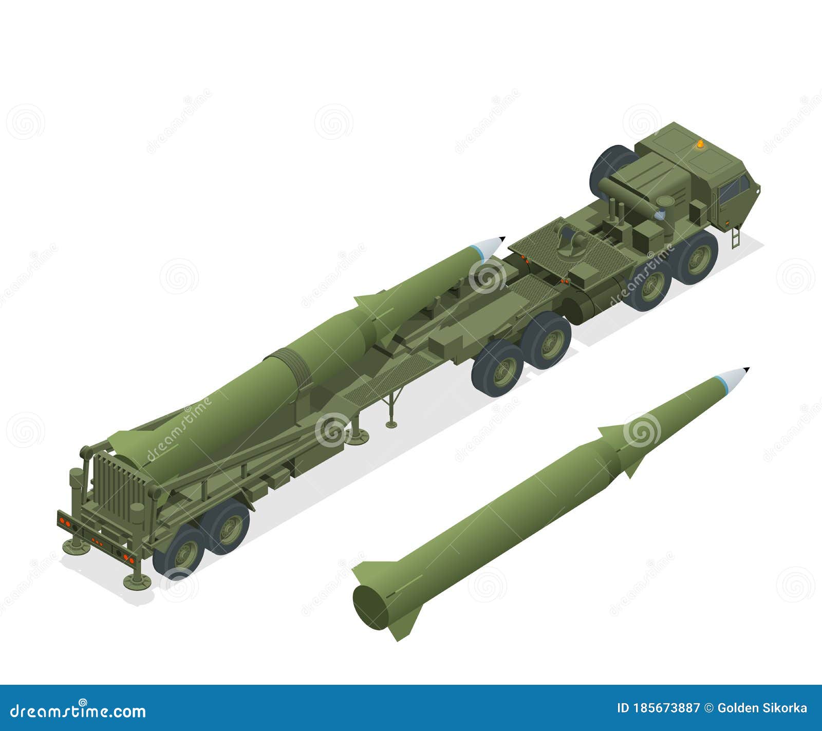 Isometric Army Tractor with a Rocket. Medium Range Ballistic Missile ...