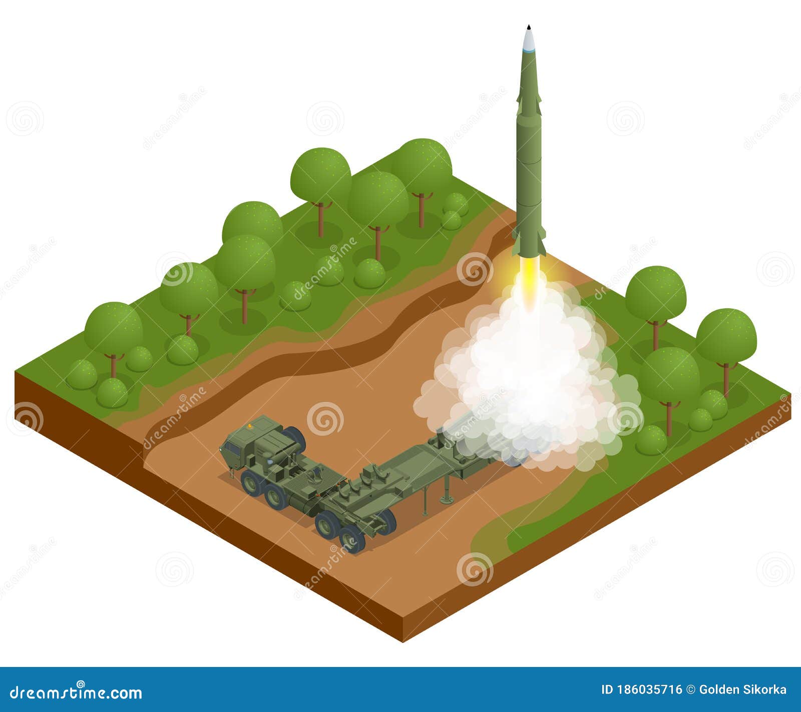 Isometric Army Tractor with a Rocket. Medium Range Ballistic Missile ...