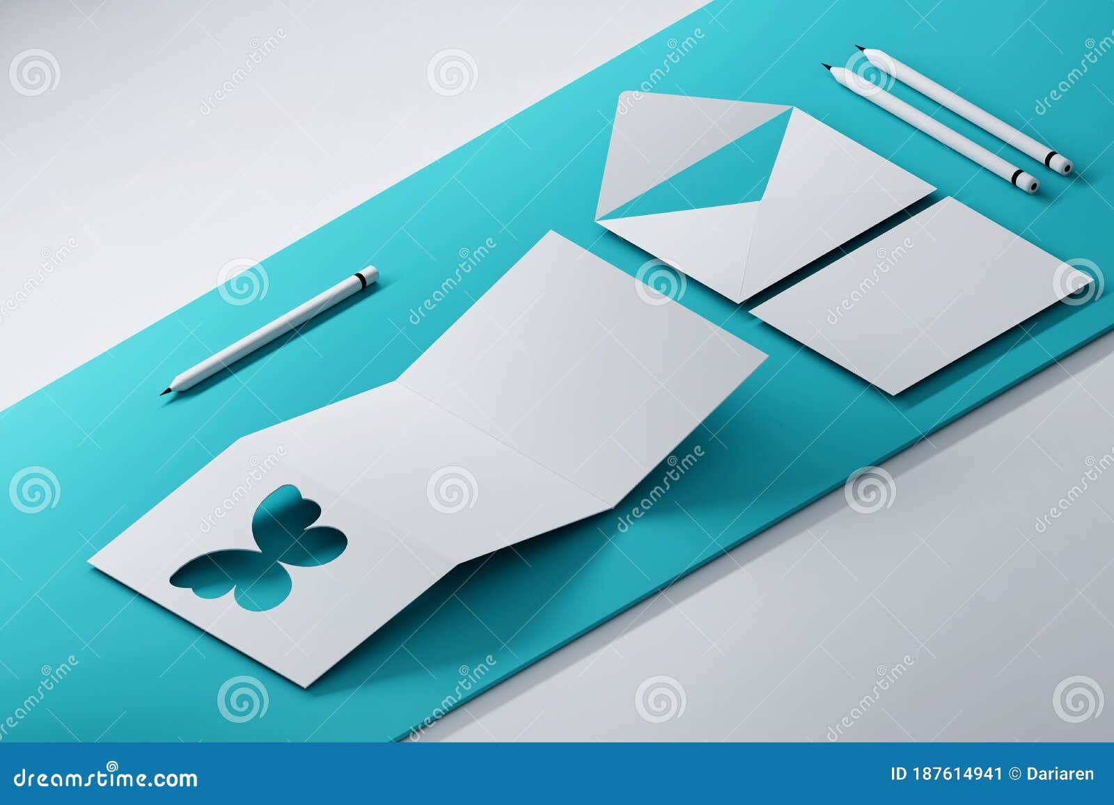 Isometric Arrangement with Folded Leaflet, Envelope, Card and Pencils ...