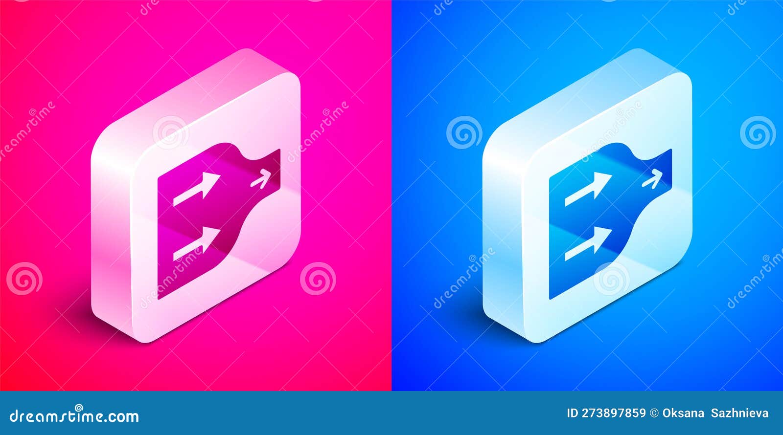Isometric Arrow Icon Isolated on Pink and Blue Background. Direction ...