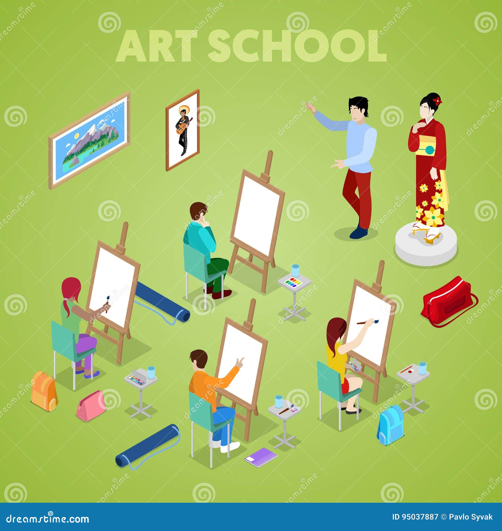 Isometric Art Concept. Class with Students Painter Stock Vector ...