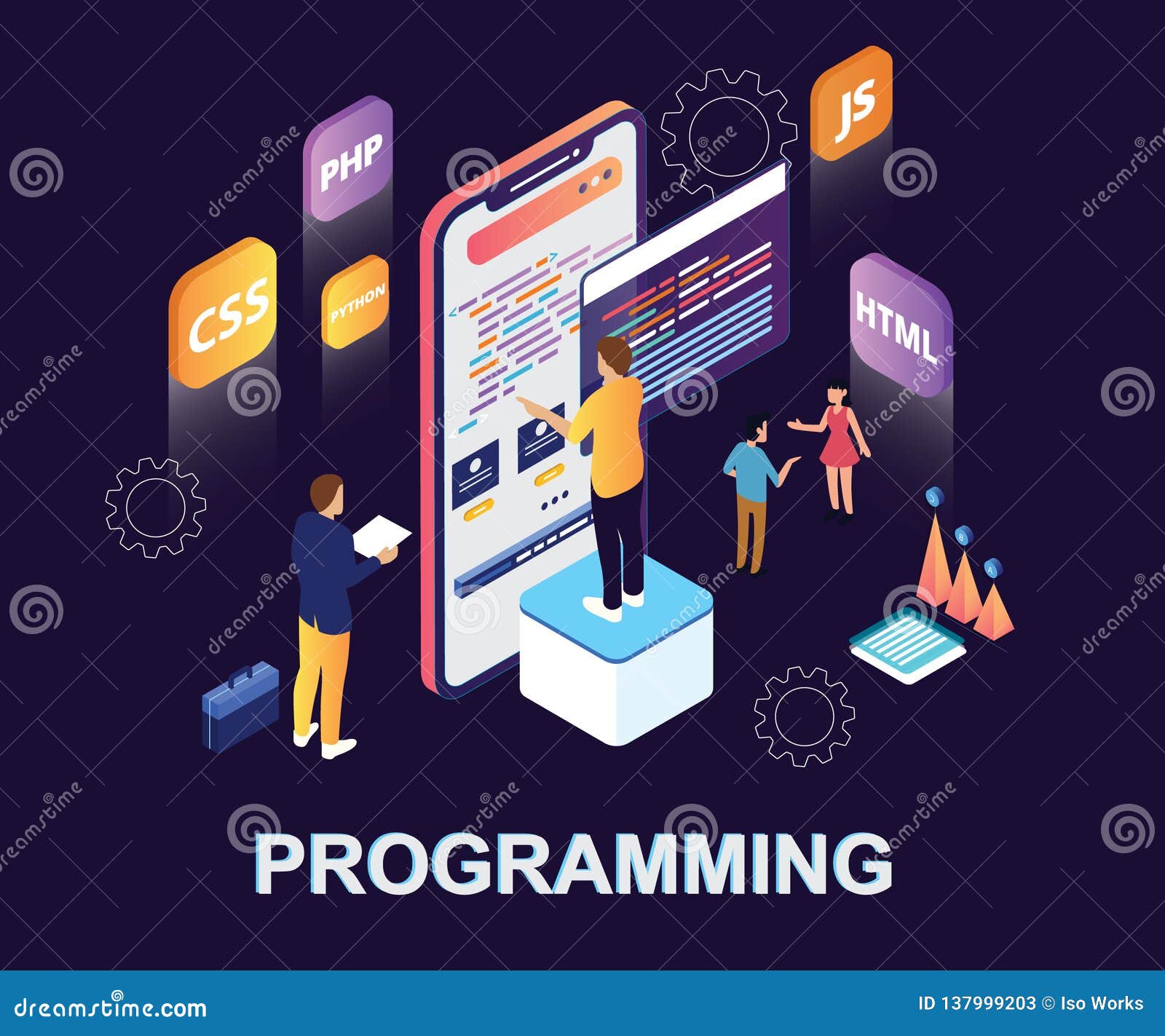 Isometric Artwork Of People Programming In Multiple Languages To Make A Mobile Apps And Website