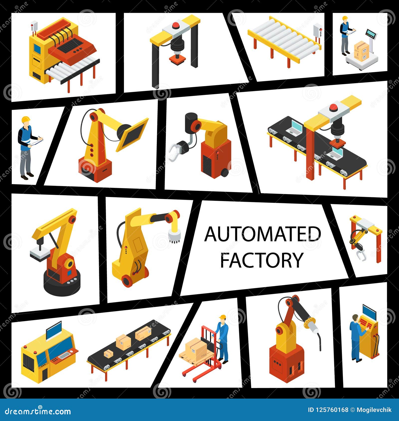 Isometric Automated Production Line Concept With People Robotic Arms ... Isometric Automated Production Line Concept With People Robotic Arms ...