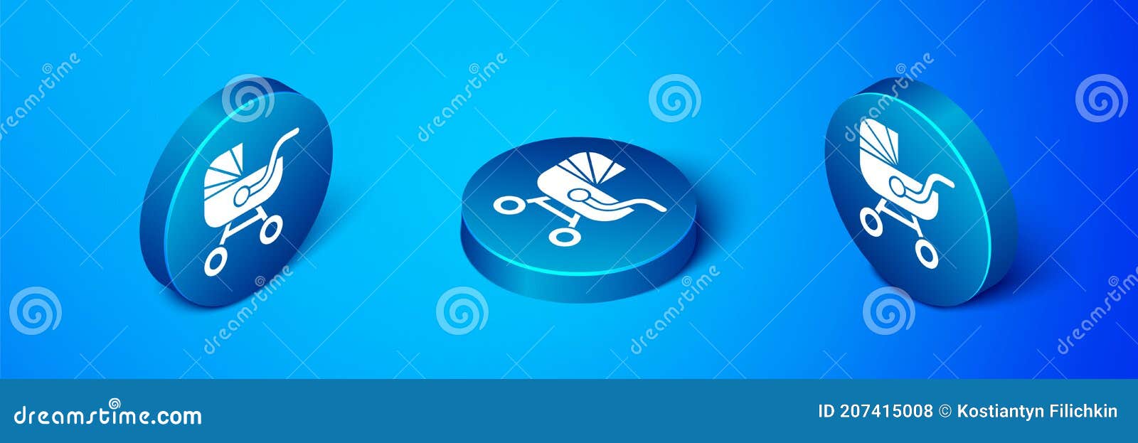 Isometric Baby Stroller Icon Isolated on Blue Background. Baby Carriage ...