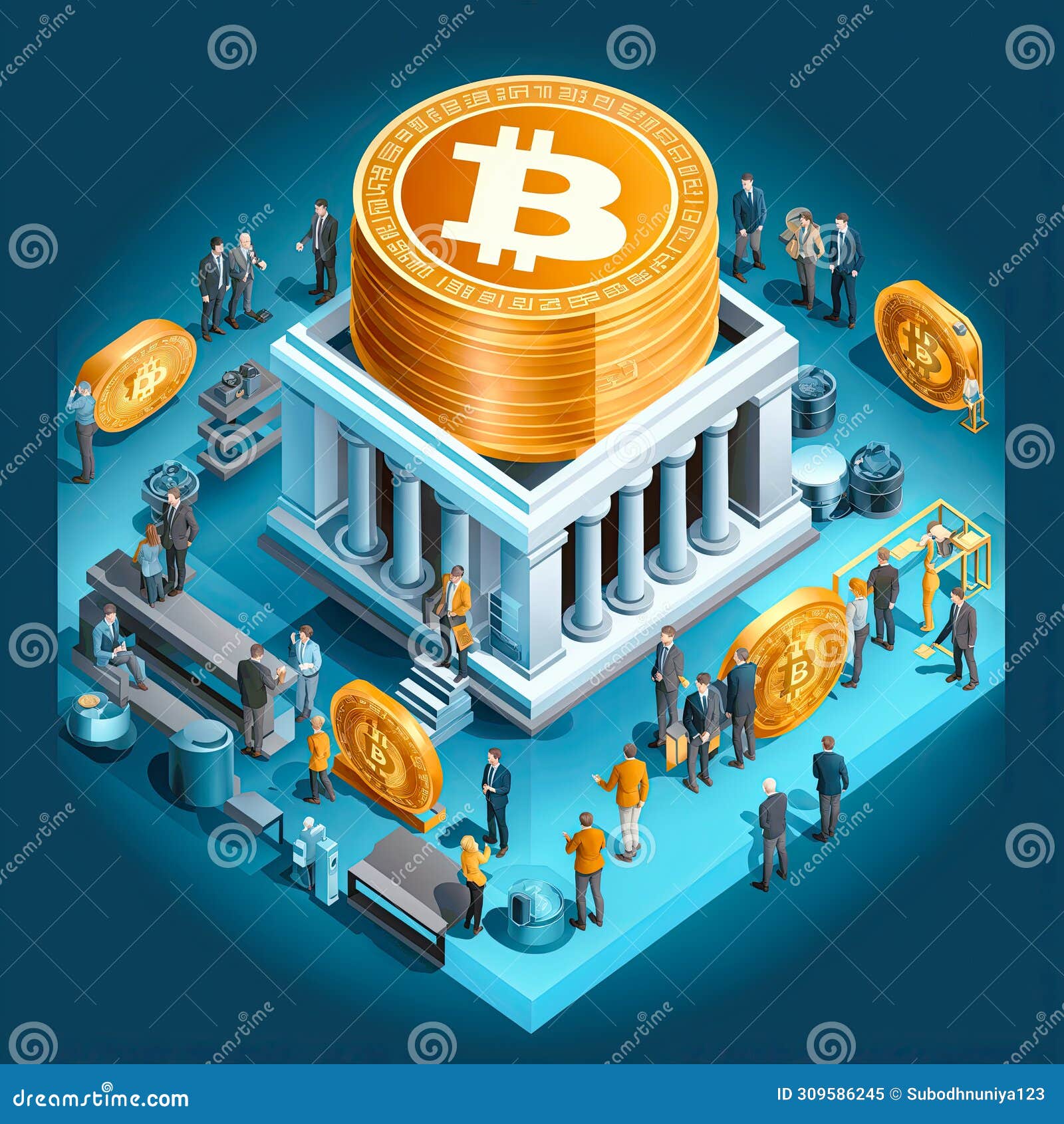Isometric Bank Building with Bitcoins and People on Blue Background ...