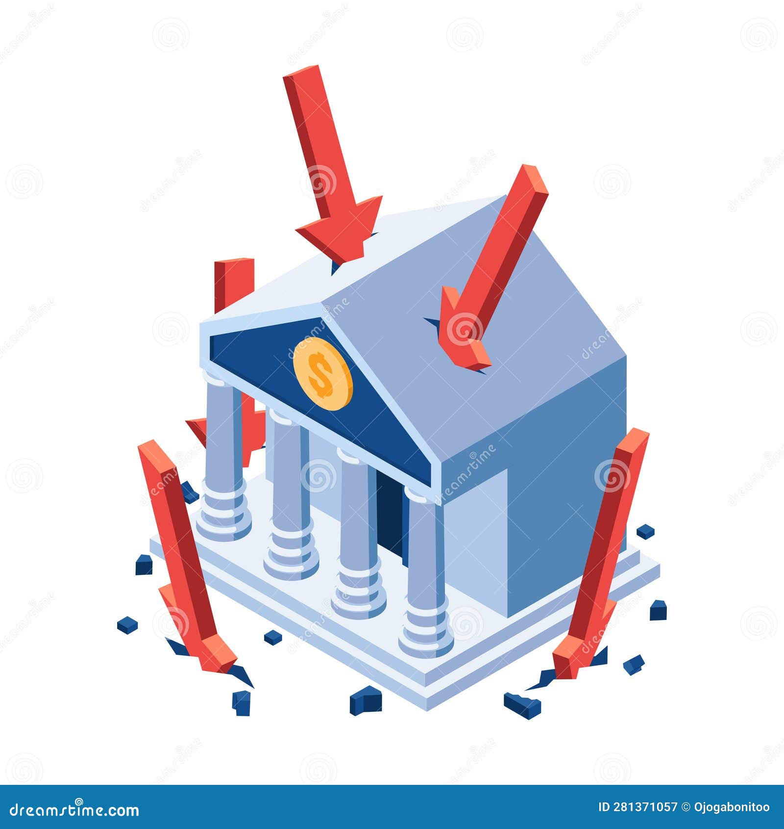 Isometric Banking with Falling Arrow Stock Vector - Illustration of ...