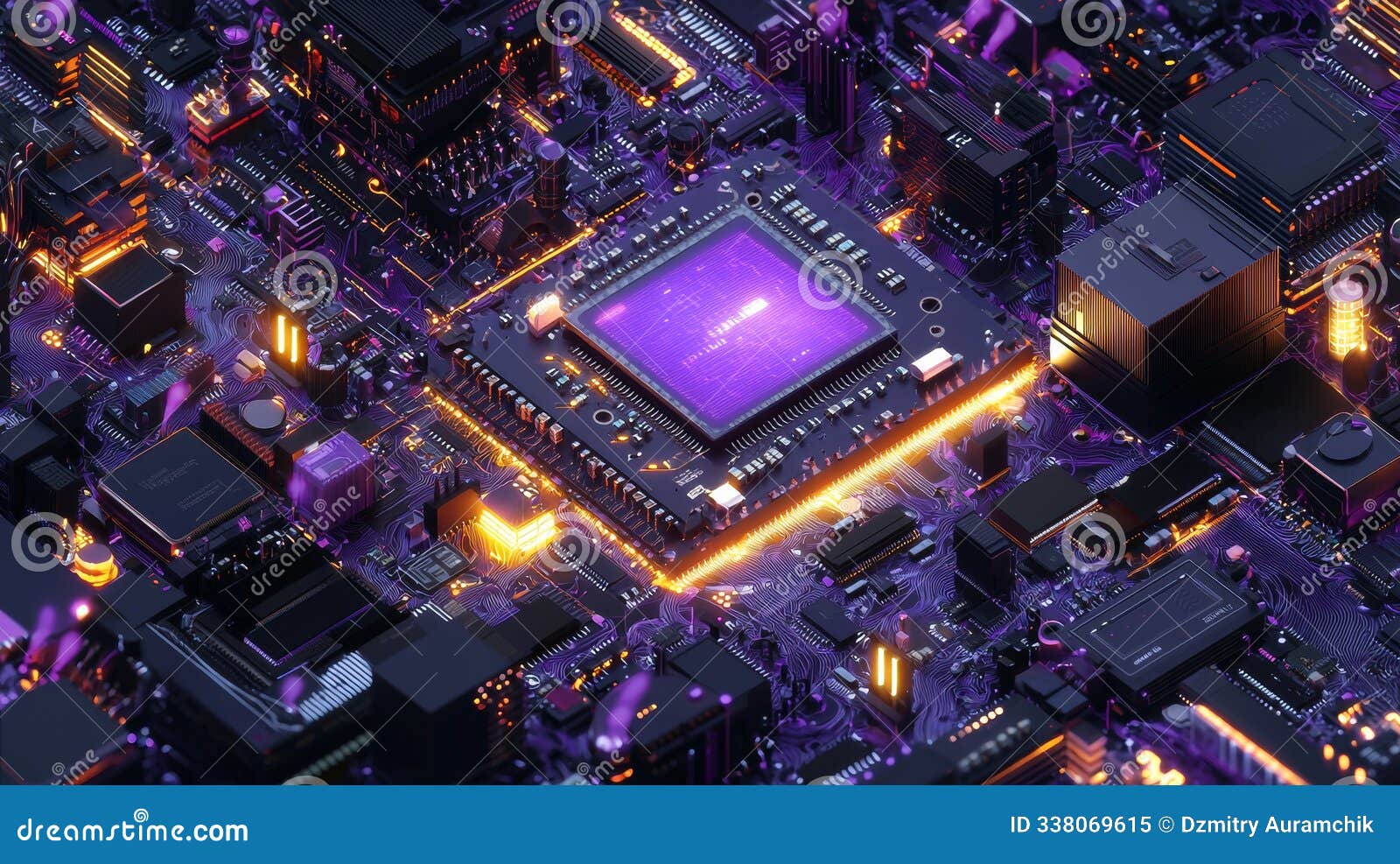 An Isometric Banner of a CPU, Central Computer Processor, Illuminated ...