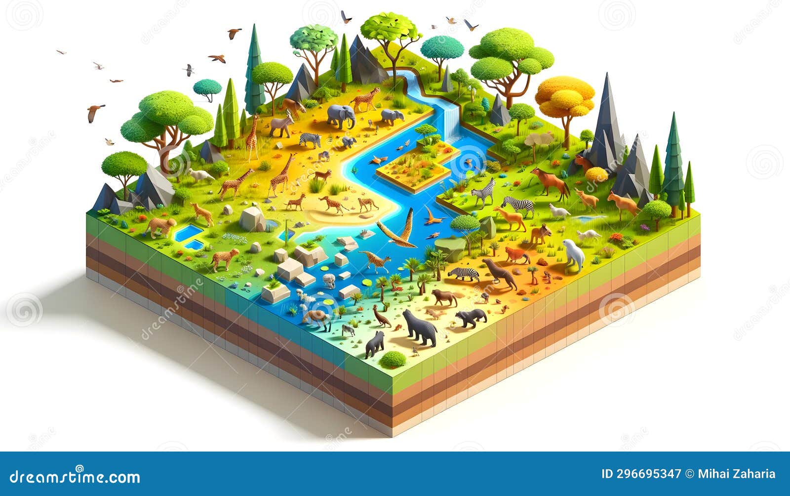 Isometric Biodiverse Wildlife Ecosystem in 3D Rendering. Created with ...