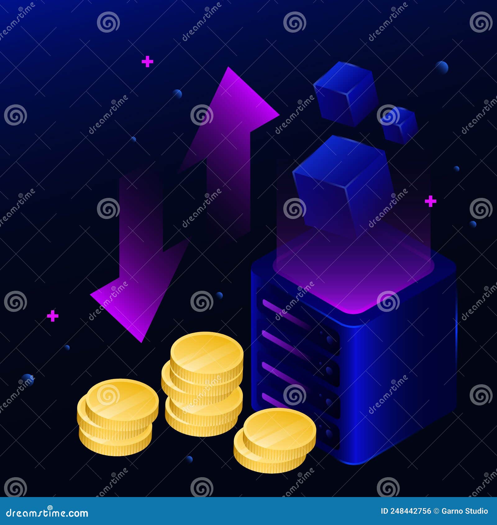 Isometric Blockchain Illustration. Coins, Cubes, Graphs on the Gradient ...