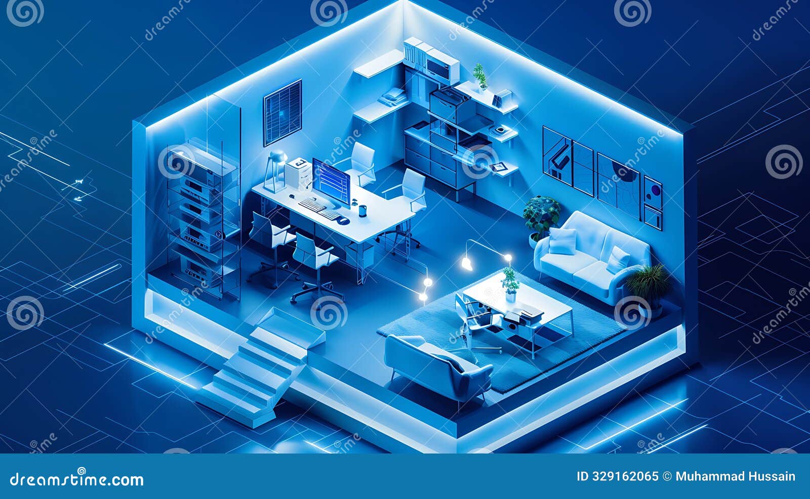 Isometric Blueprint of an Office Space with Energy-efficient Workspace ...