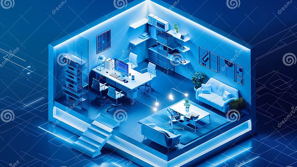 Isometric Blueprint of an Office Space with Energy-efficient Workspace ...