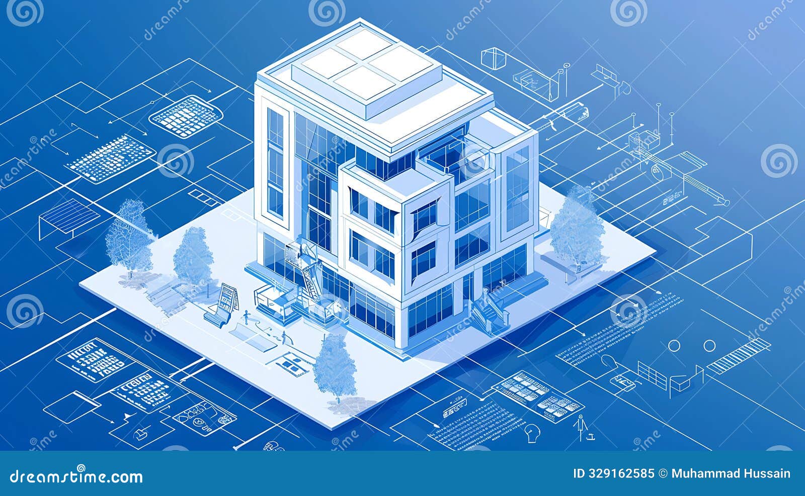 Isometric Blueprint Showing Building Permit Application Steps and ...