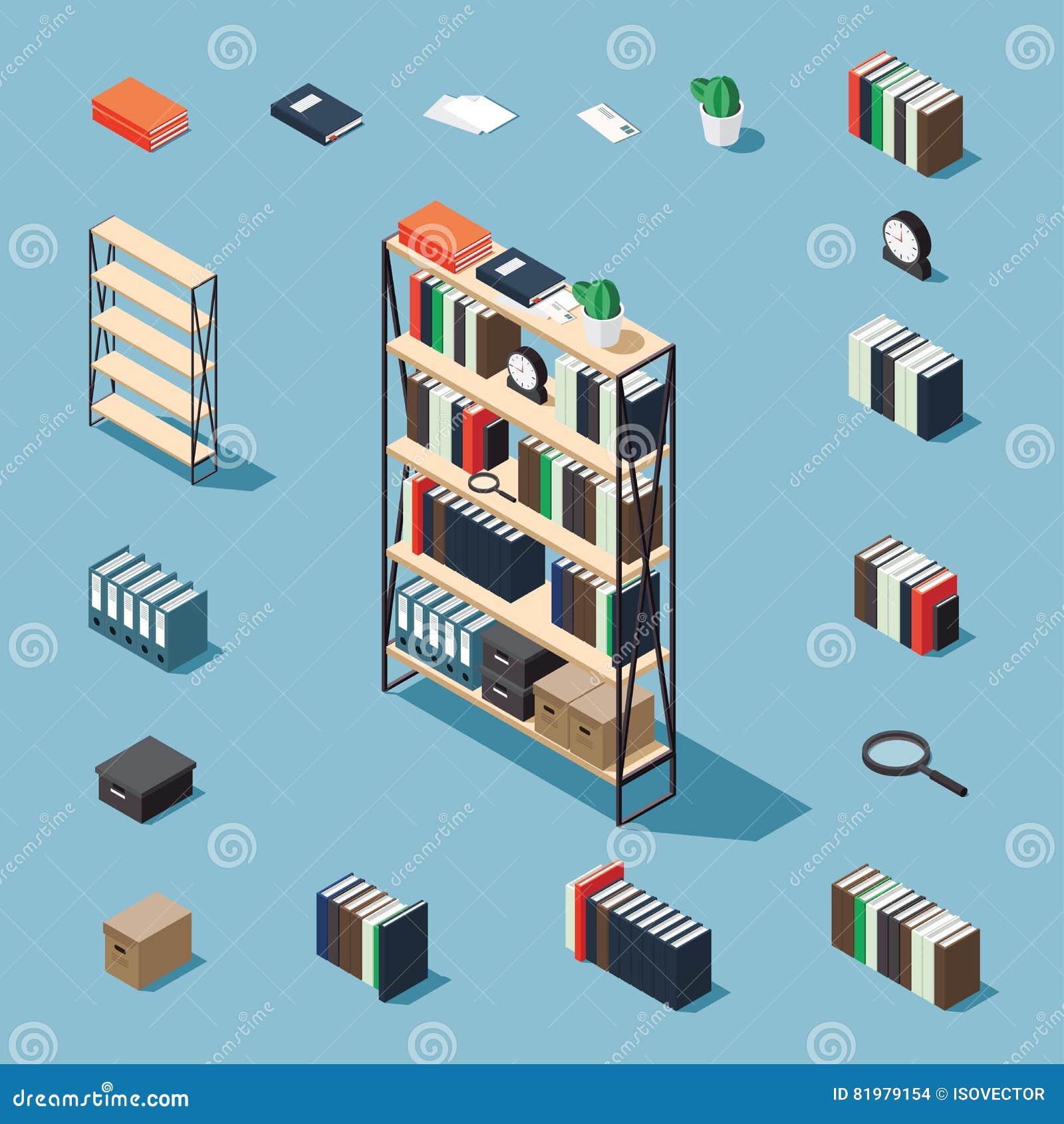 Isometric Bookcase And Elements Vector Illustration | CartoonDealer.com ...