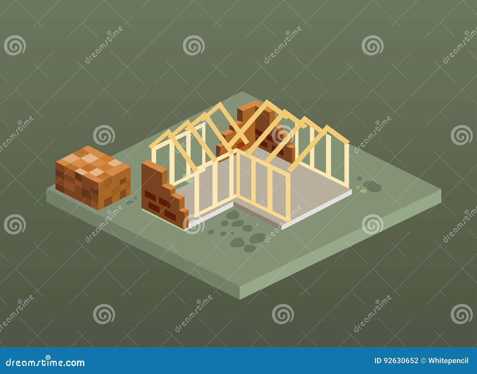Isometric Brick House Construction Site Stock Vector - Illustration of ...
