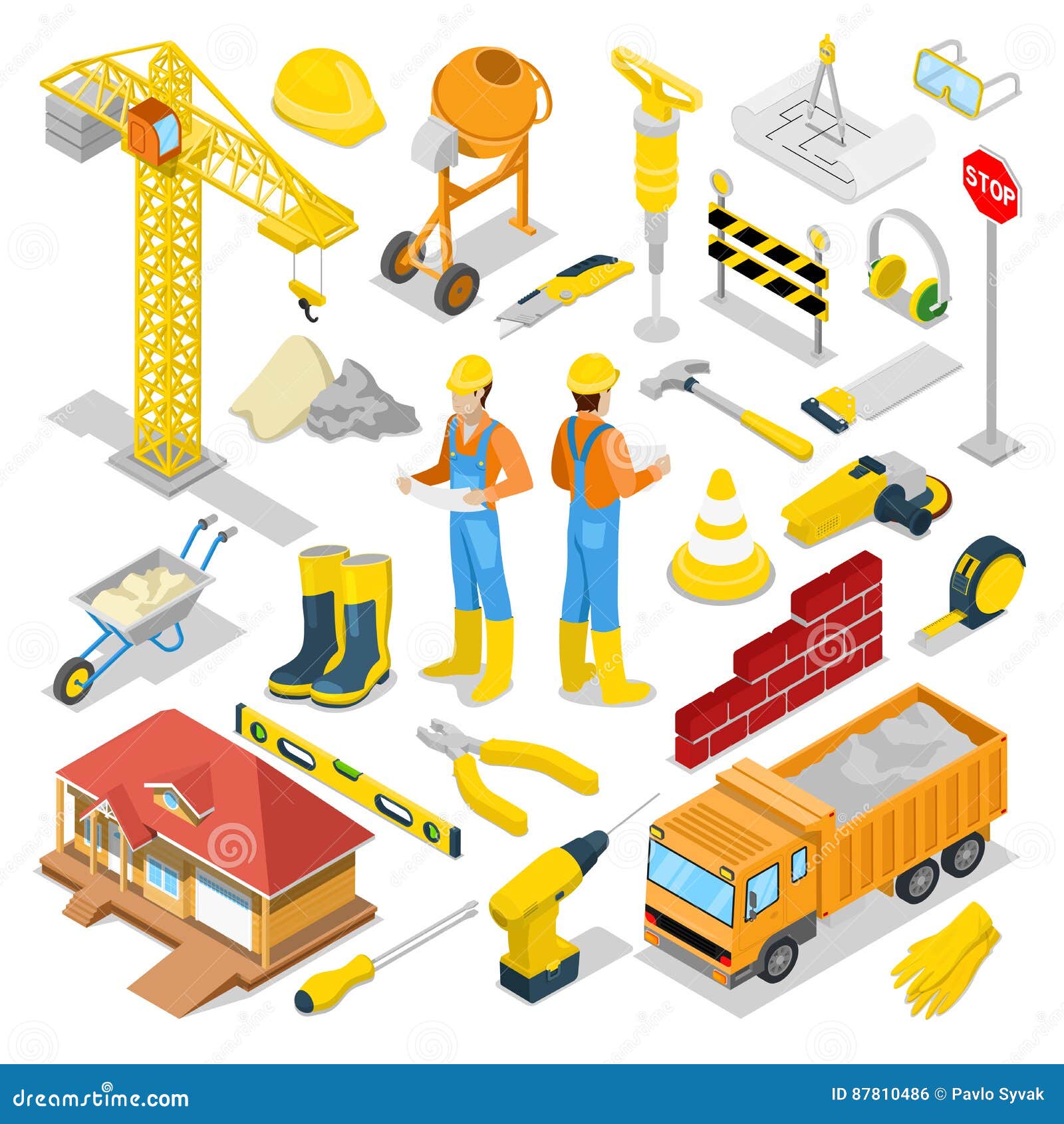 Isometric Builder with Construction Instruments and Crane Stock Vector ...