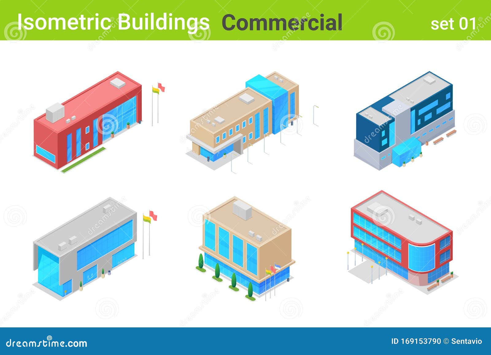 Isometric Buildings Commercial Flat Vector Collection Stock Vector ...