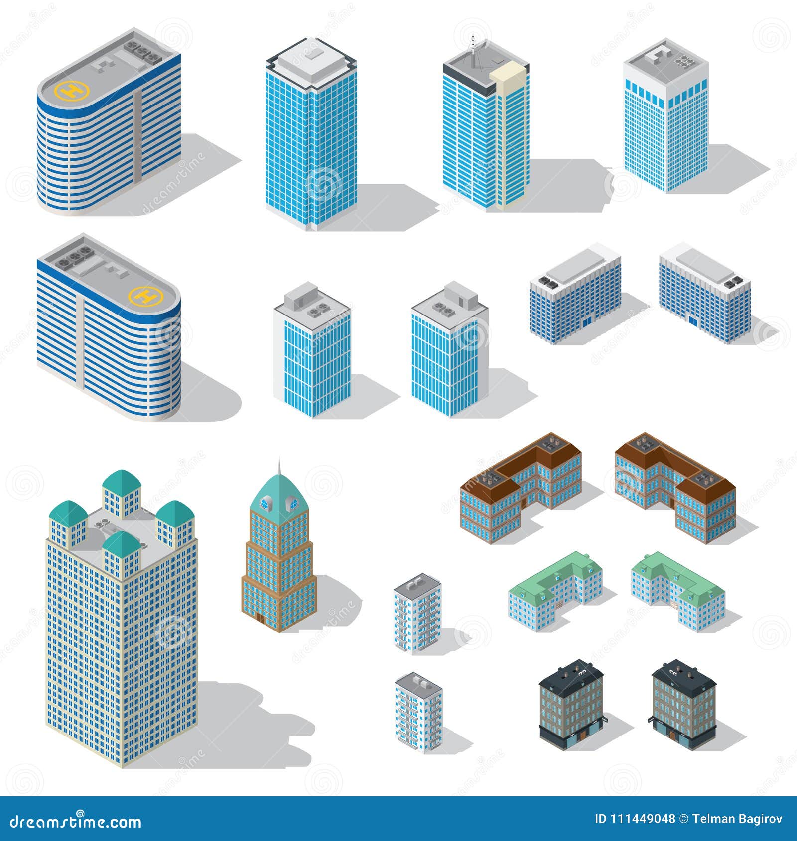 Isometric Buildings Set on White Background Stock Illustration ...