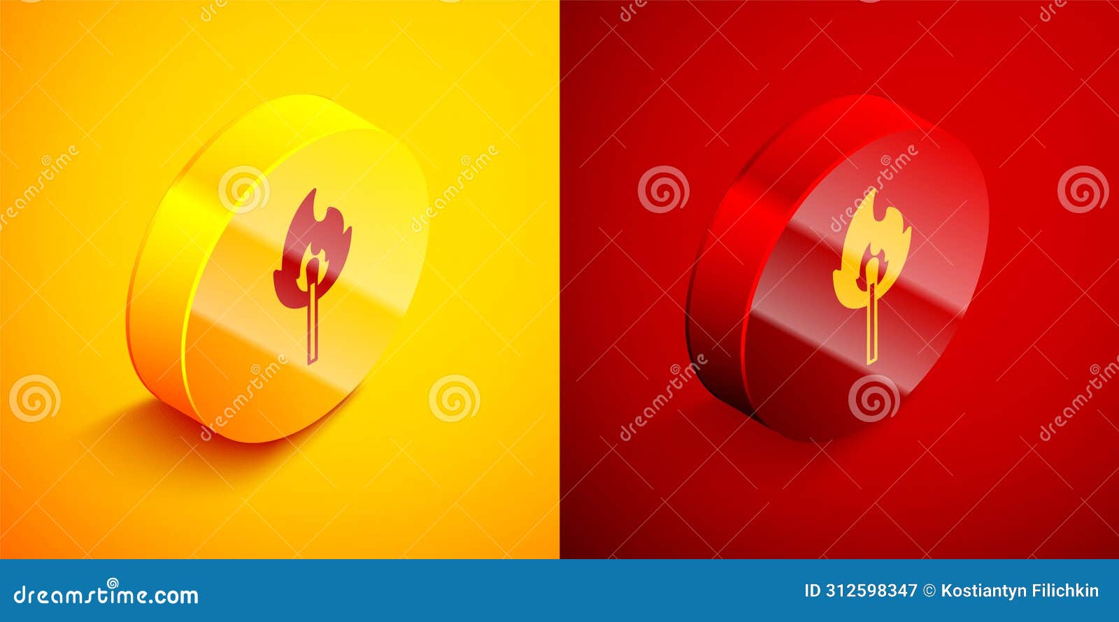 Isometric Burning Match with Fire Icon Isolated on Orange and Red ...