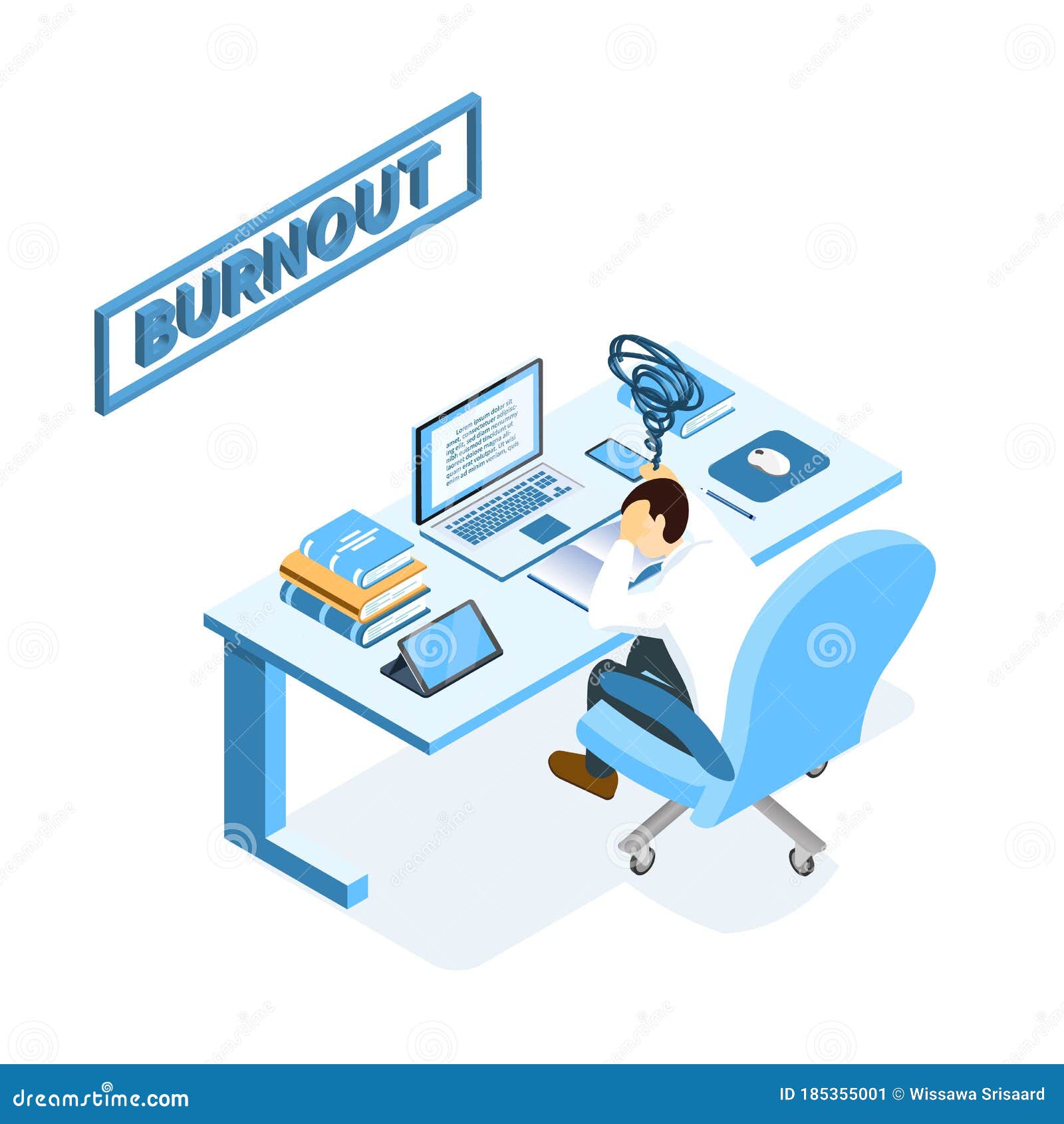 Isometric Burnout Concept, Young Man Sitting At The Table Cartoon ...