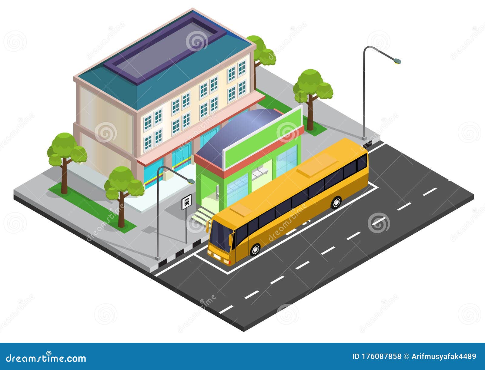 Isometric Bus Stop Illustration Stock Vector - Illustration of building ...