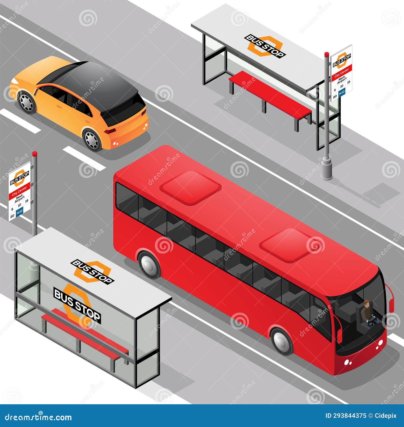 Isometric Bus Stops with a Car and a Bus Stock Vector - Illustration of ...