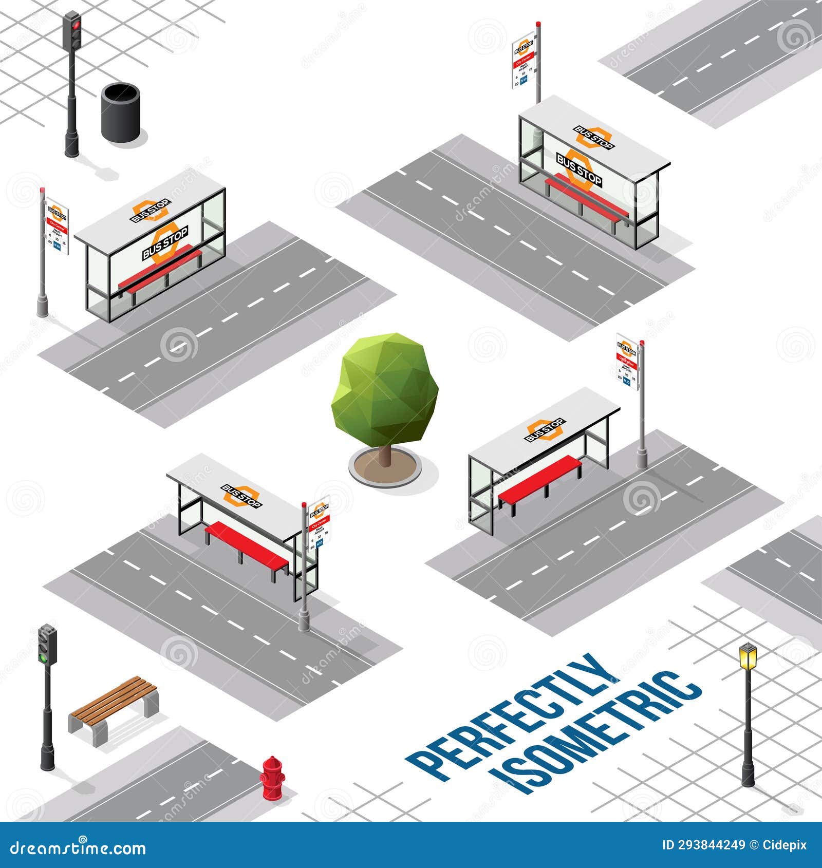 Isometric Bus Stops with Roads from Front Back Right and Left Views ...