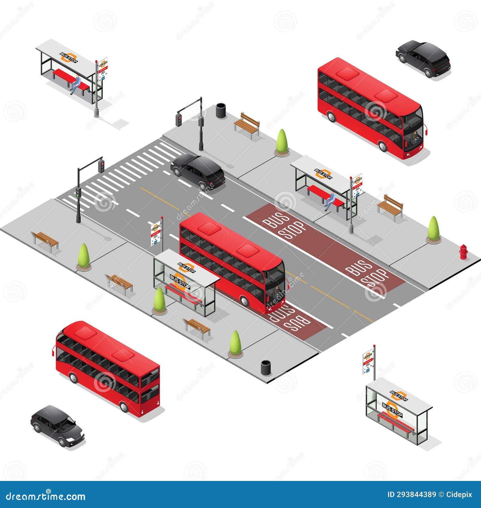 Isometric Bus Stops with Vehicles Stock Vector - Illustration of seat ...