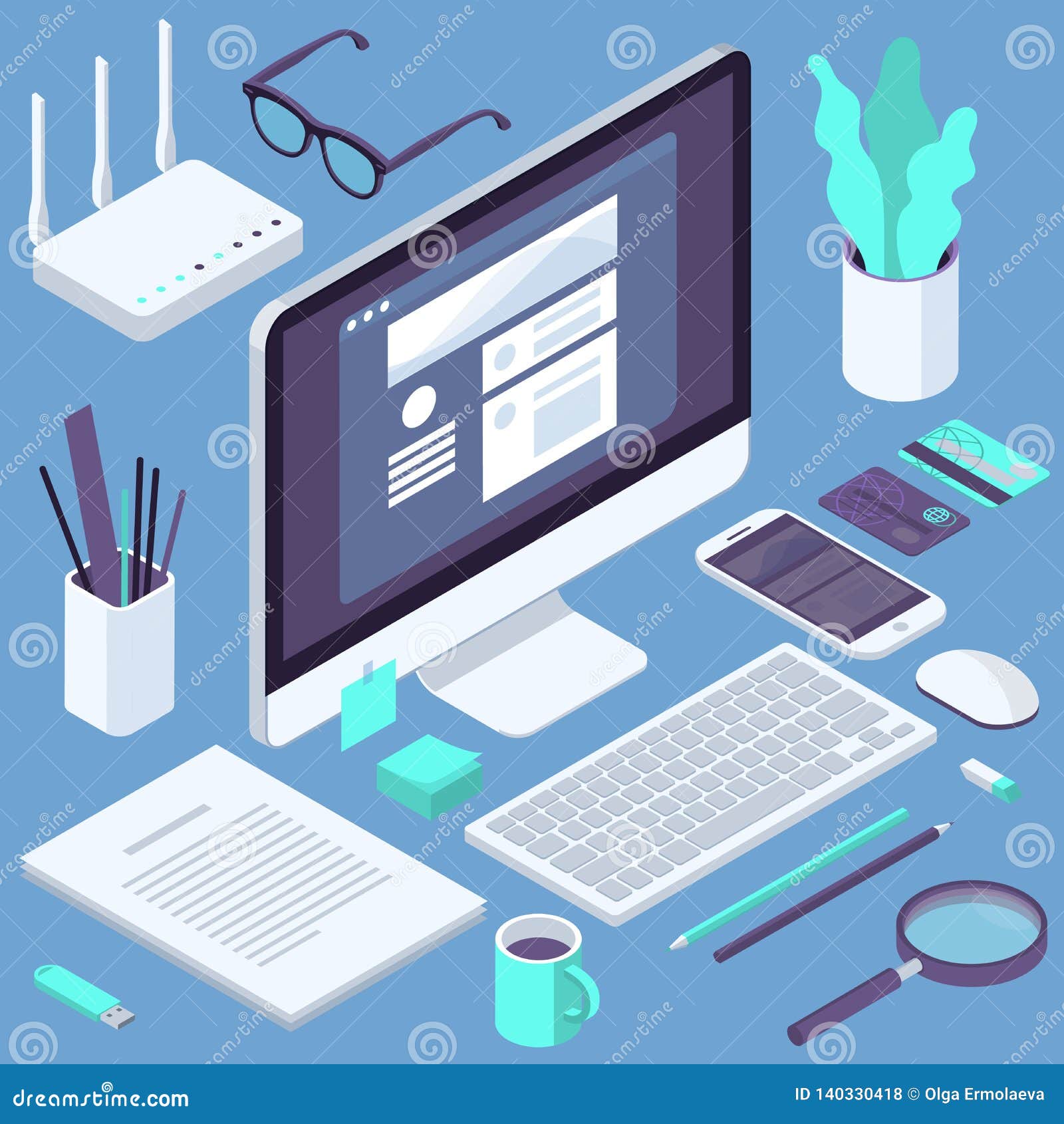 Isometric Busines Office Workspace Elements Stock Vector - Illustration ...