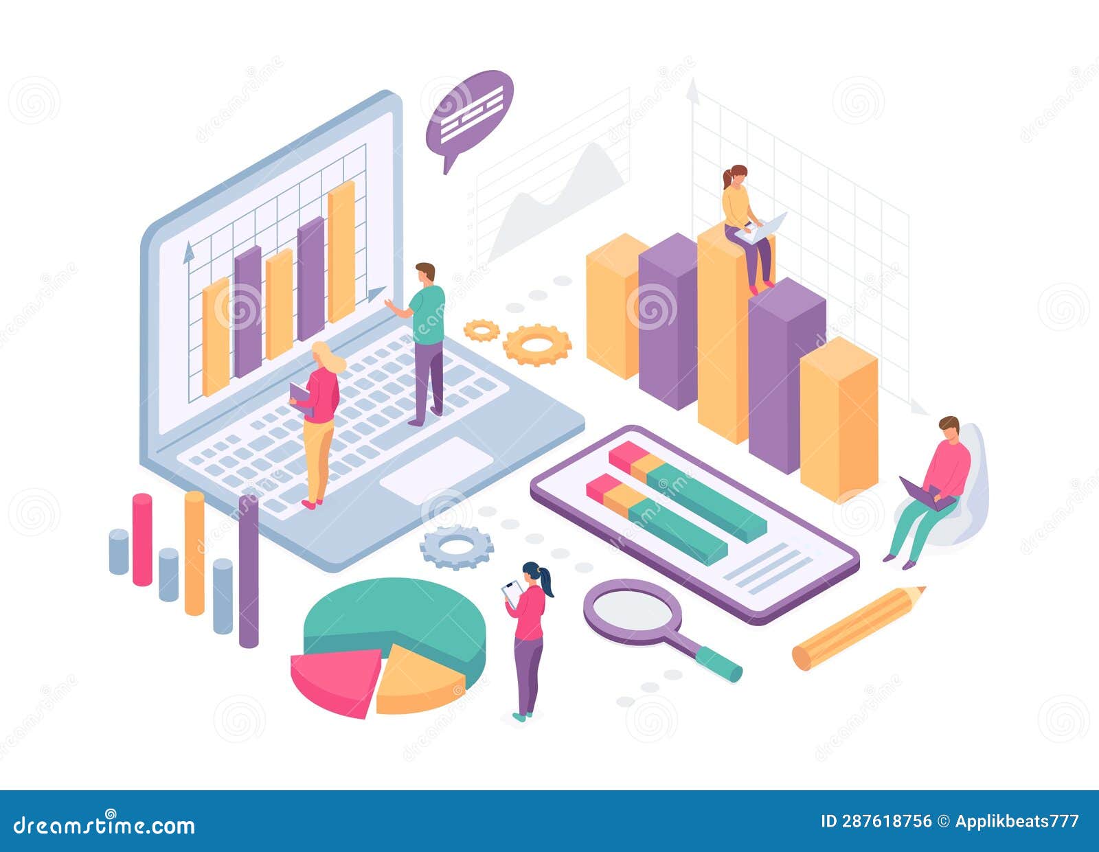 Isometric Business Analysis. People Work with Data Charts, Statistics ...