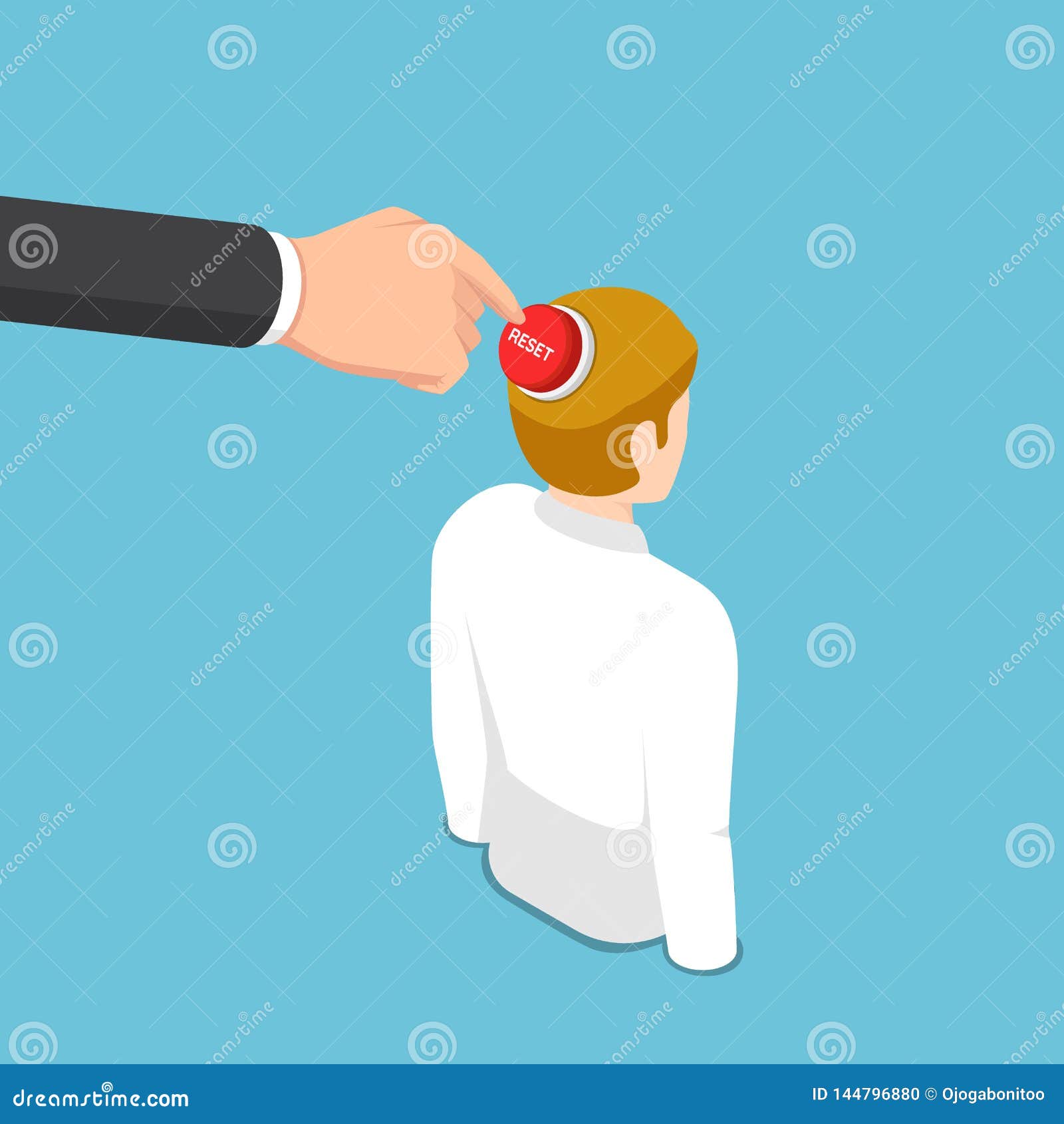 Isometric Business Hand Pushing Reset Button on Business Man Head Stock ...