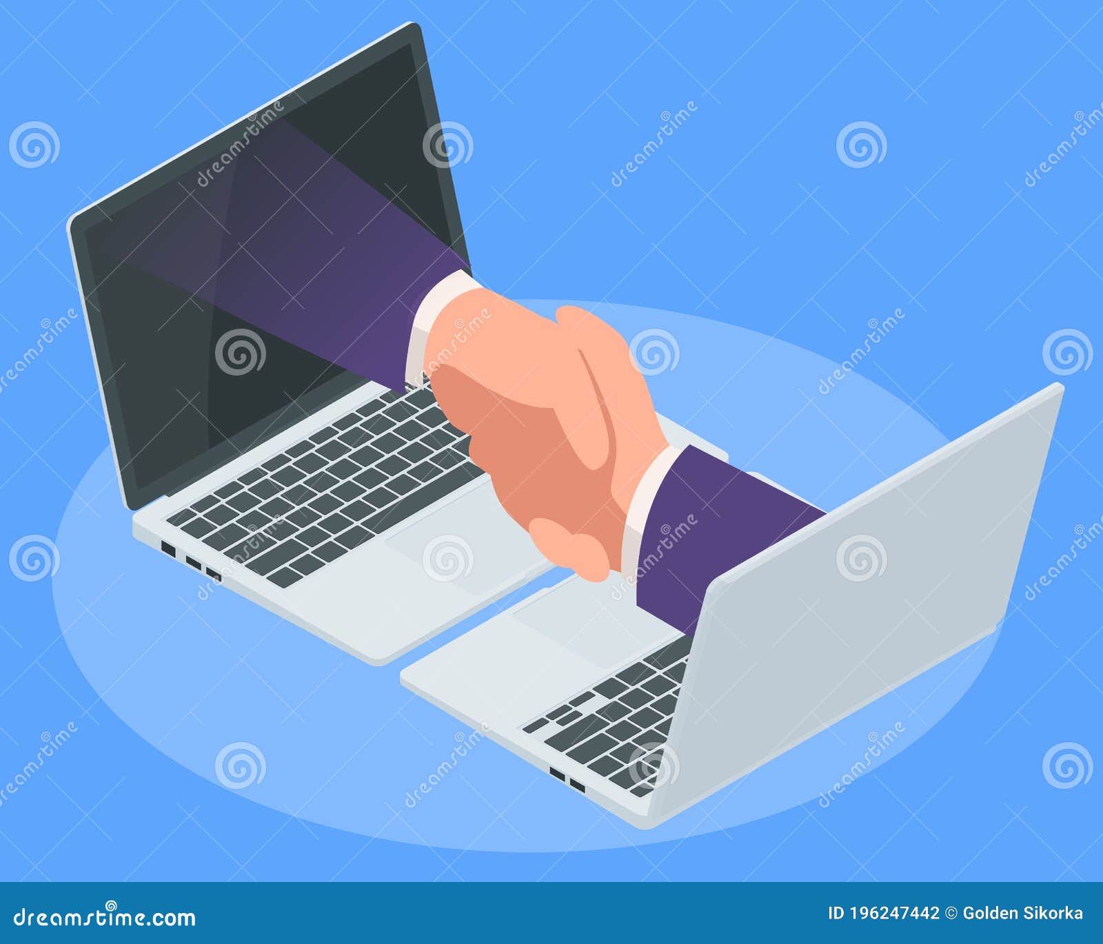 Isometric Business Handshake through a Laptop Screen. Team and Digital ...
