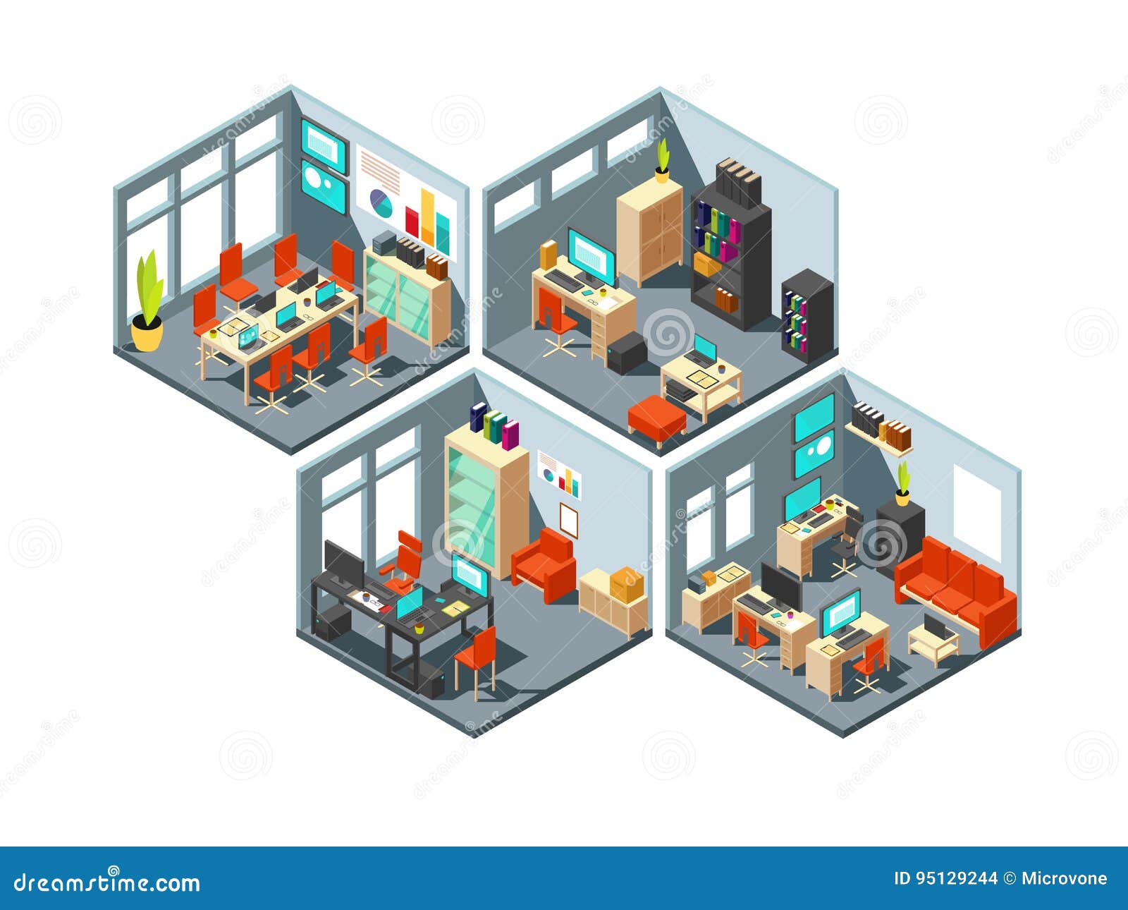 Isometric Business Offices with Different Workspaces. 3d Vector Office ...
