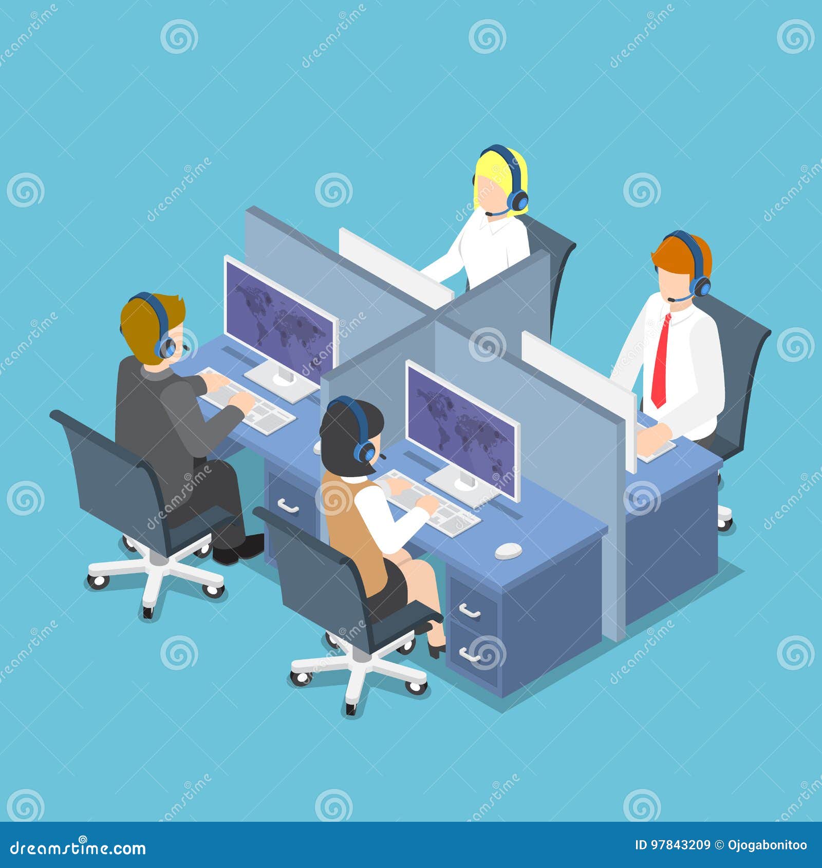 Business Man With Headset Working At Office. Cartoon Vector ...