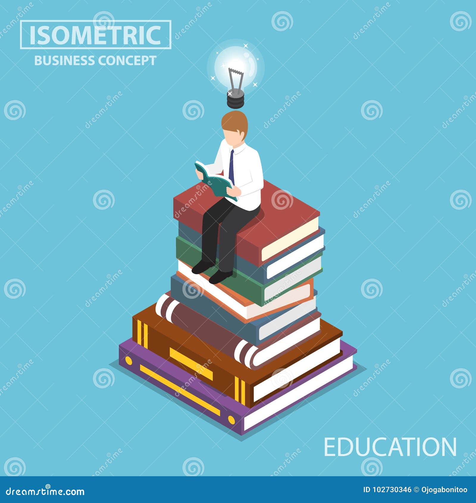 Isometric Businessman Reading at the Top of Book Stack. Stock Vector ...