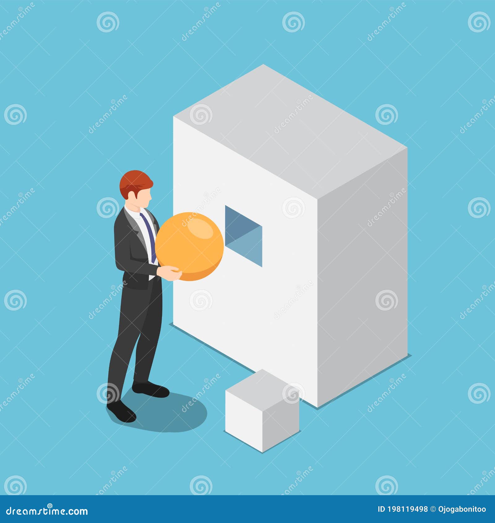 Isometric Businessman Trying To Put Sphere Shape into the Square Hole ... Isometric Businessman Trying To Put Sphere Shape into the Square Hole ...