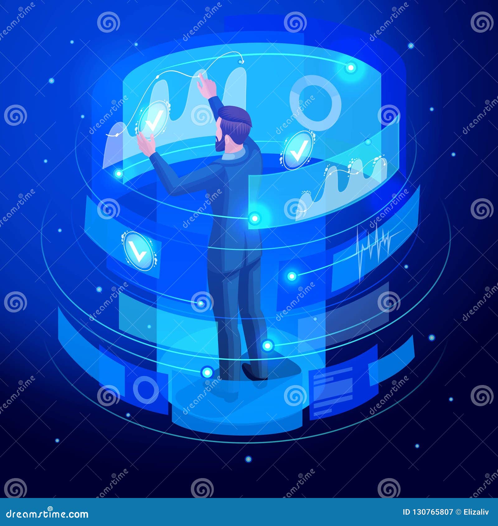 Isometric Businessman Works Virtual Screen, Looks Documents, Analyzes ...