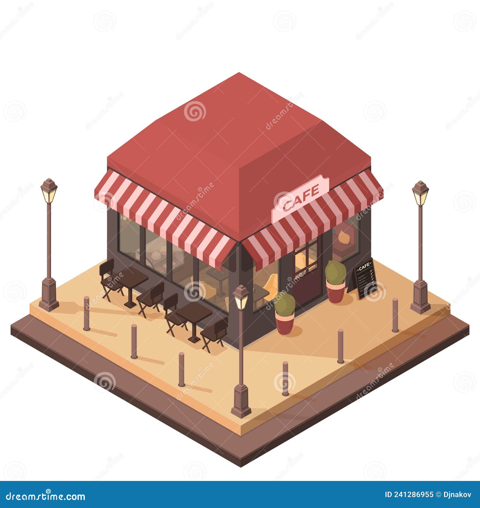 Isometric Cafe Building on the Street with Tables and Interior Stock ...
