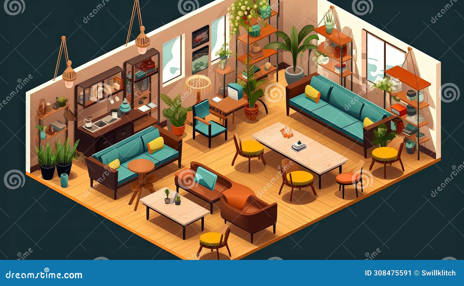 Isometric Cafe Interior with Chairs and Sofa. Cozy Coffeeshop Room ...
