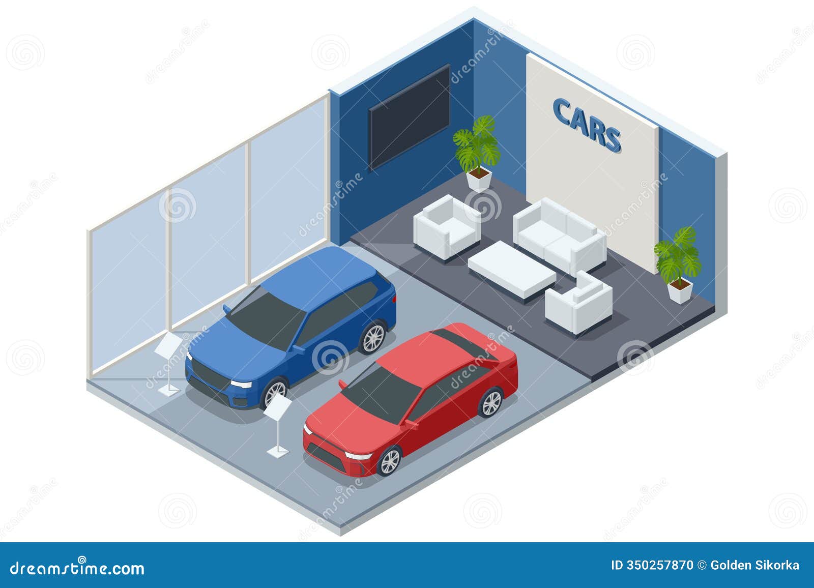 An Isometric Car Showroom Interior Displaying Three Vehicles In Green ...