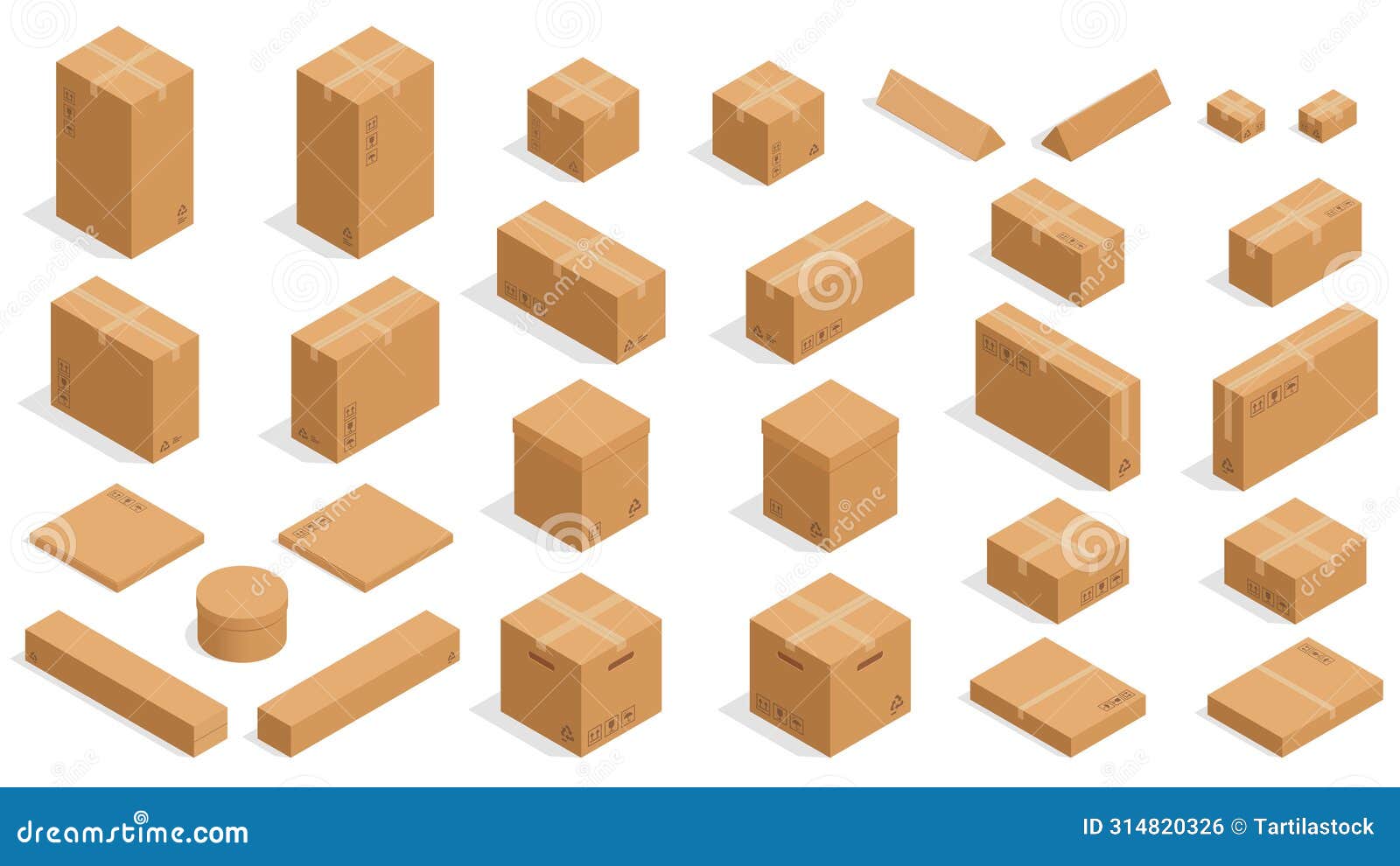 Isometric Cardboard Boxes. Vector Square and Rectangular Packaging ...