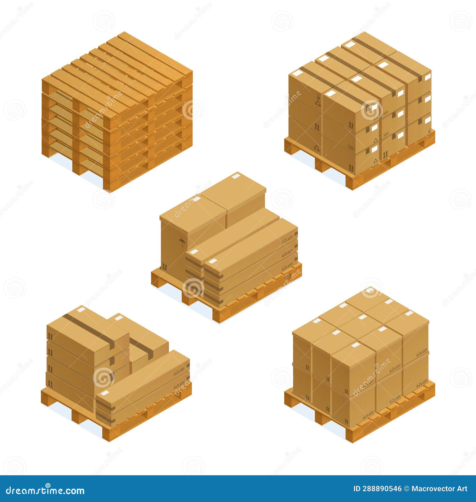 Isometric Cargo Containers Set of Wooden Pallets and Cardboard Boxes ...