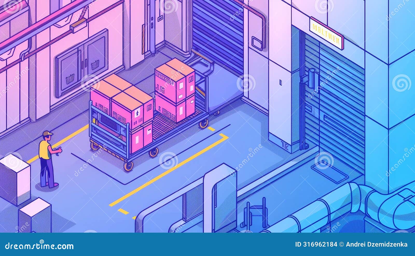 An Isometric Cargo Elevator Landing Page Showing a Worker Using a ...