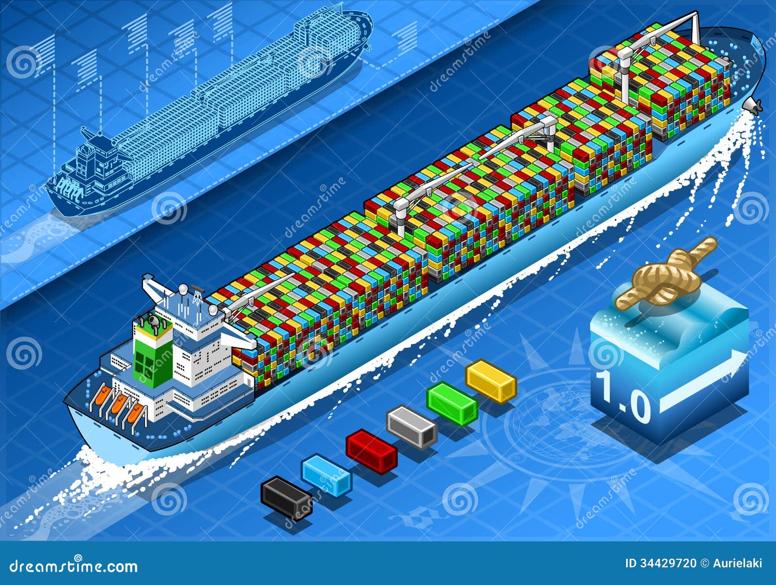 Isometric Cargo Ship with Containers in Navigation in Rear View Stock ...