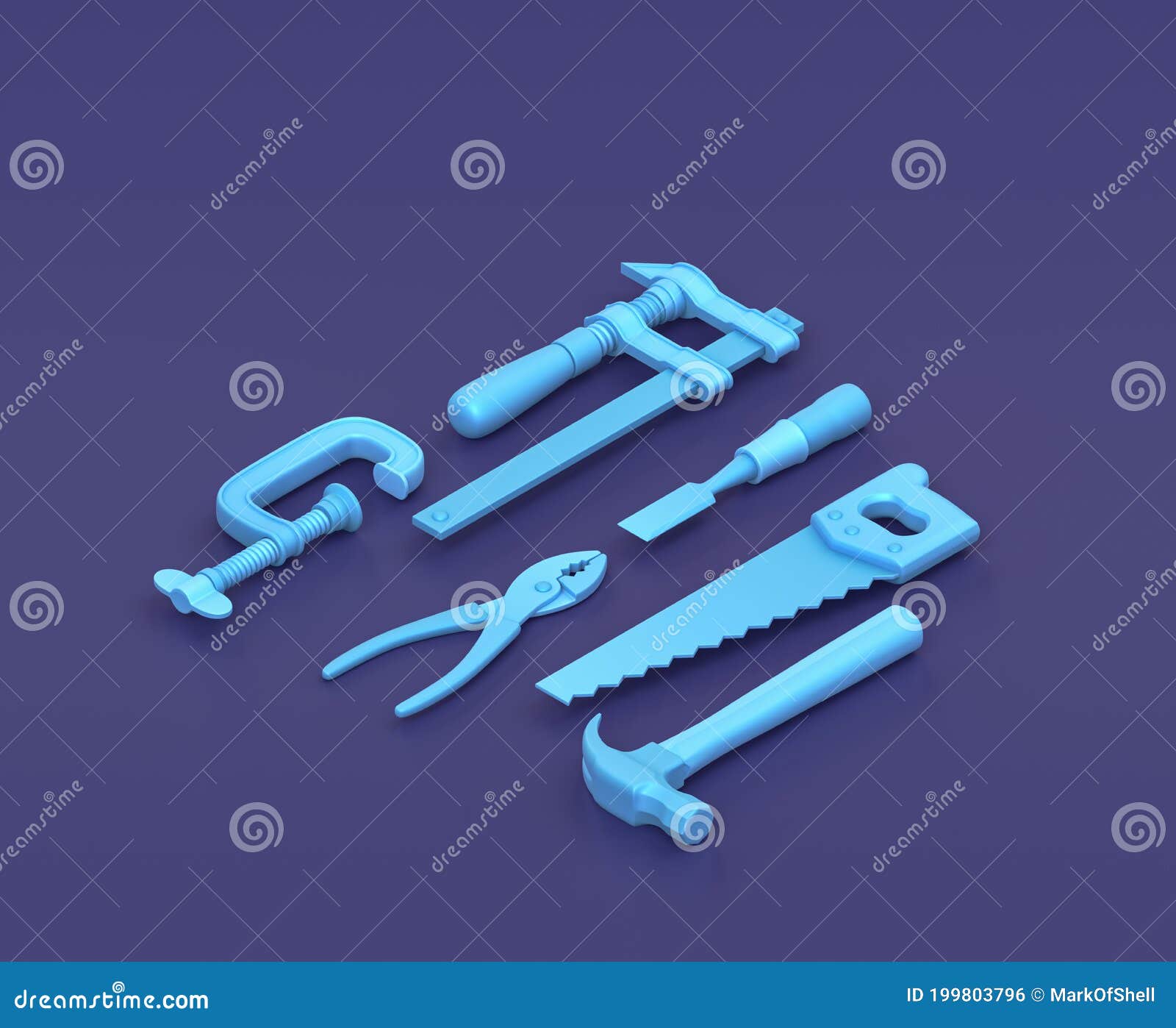 Isometric Carpenter Instruments with Hammer, Saw, Clamps on Blue ...